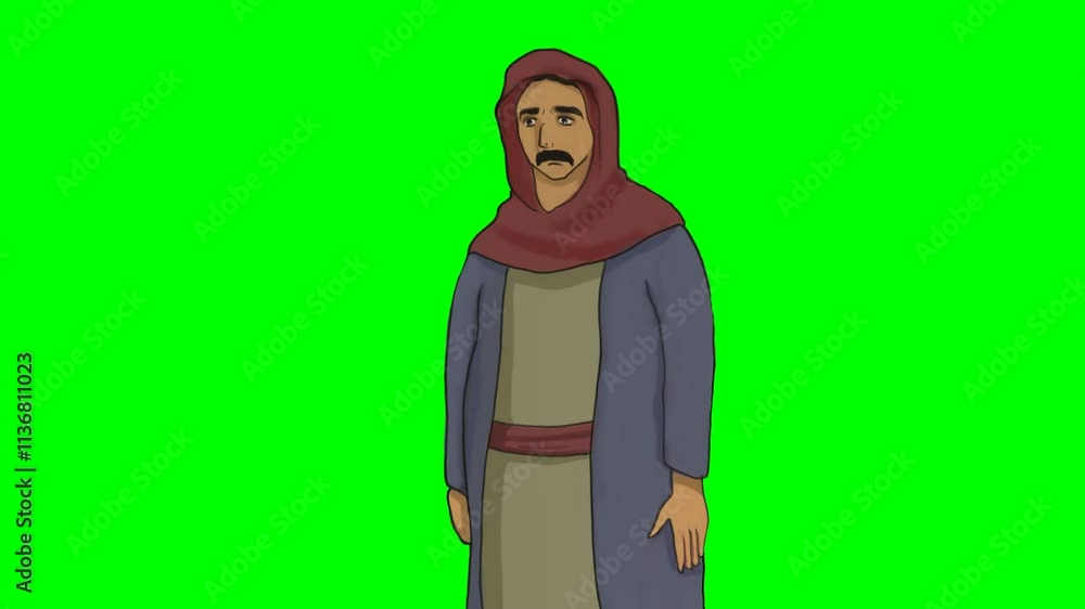 2d animated cartoon character of An Arab man with a red scarf and old ...