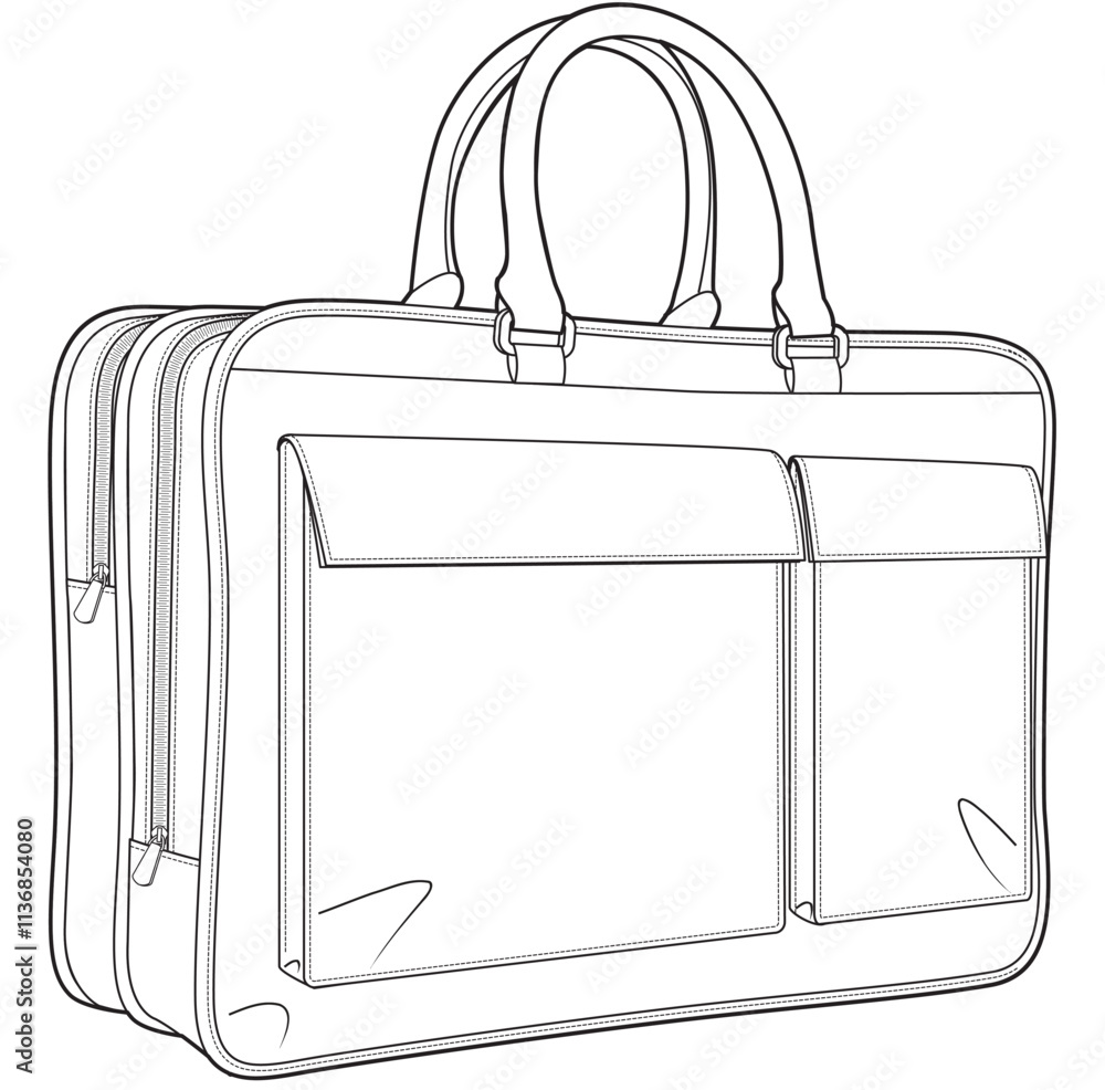Dual compartment briefcase flat sketch vector illustration technical ...