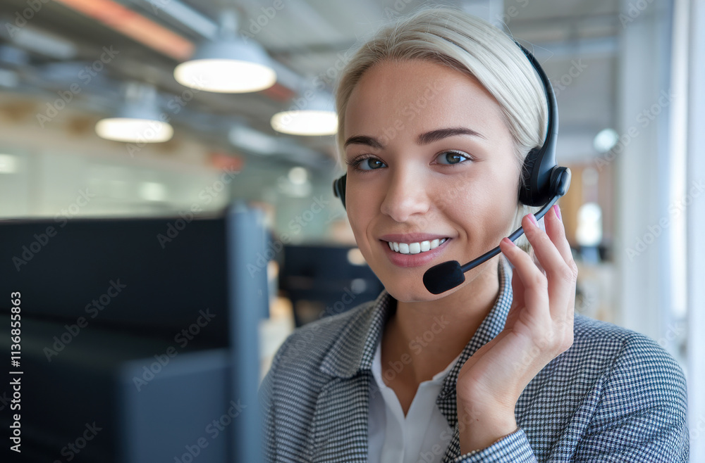 Close-up of a professional call center agent with blonde hair wearing a ...