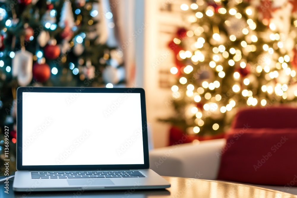 Laptop with White Empty Screen Mock-Up on a table with a Christmas Tree Lights blurred ...