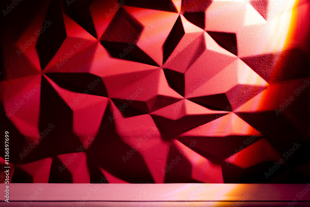 Light surface with beams of light against red abstract geometric shape ...