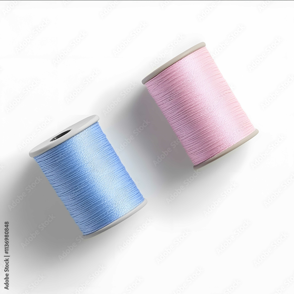 plain simple flatlay mockup pink spool of thead on its side blue spool ...