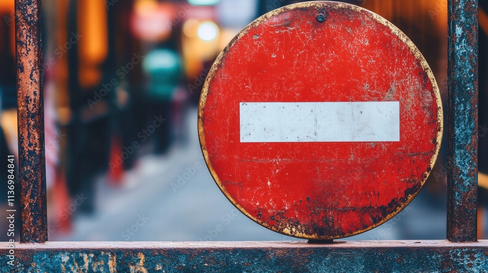 Rusty no entry road sign on street fence with blurry urban background ...