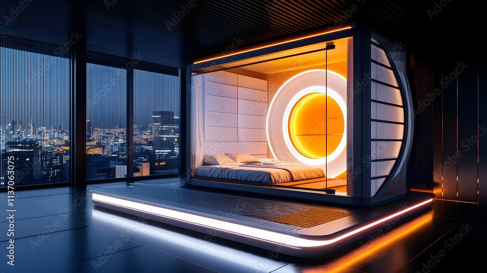 Stylish capsule hotel bedroom, two-story layout, modern Japanese ...