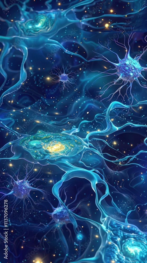 Vibrant neural network neurons and synapses in a cosmic space This digital art depicts the ...
