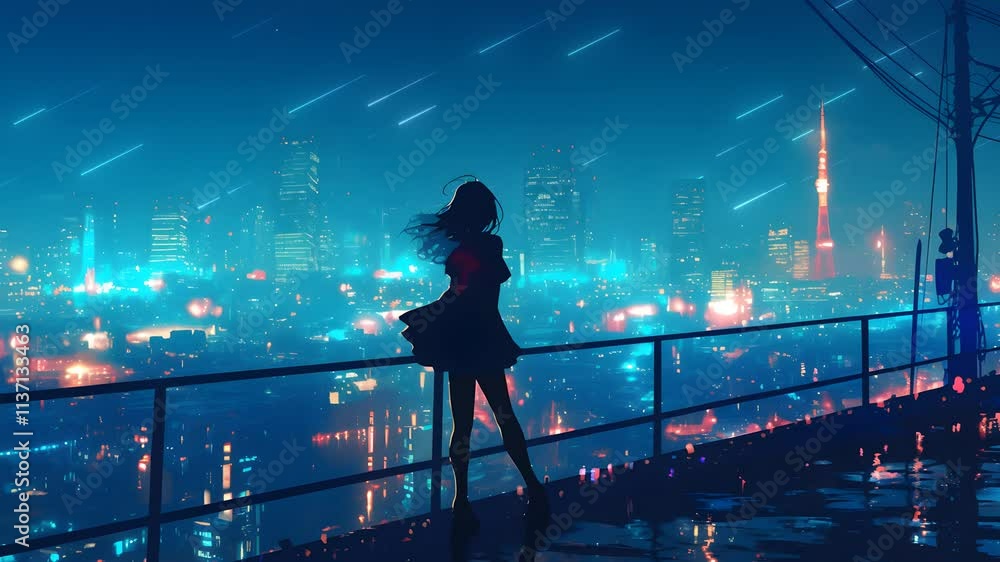 animation loop, anime girl silhouette night city after rain shooting ...