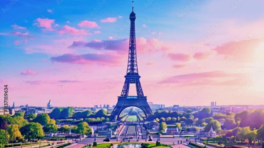 Paris Eiffel Tower and Trocadero garden at asman blue and pink color in ...