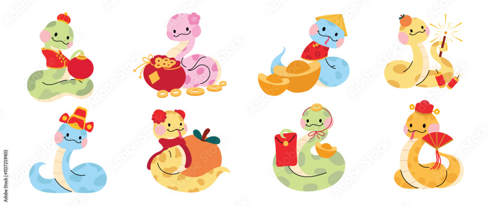 Cute funny snakes element vector set. Chinese new year symbol, happy ...