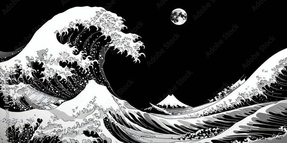 Poster Iconic black and white illustration of Hokusai's The Great Wave ...
