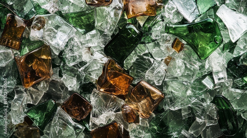 64.Detailed background of shattered glass bottle fragments in green ...