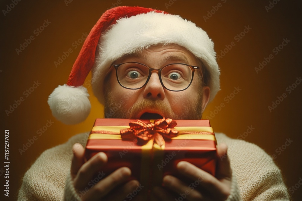 Grown-up man shocked in a red santa cap, with festive time box. Holiday ...