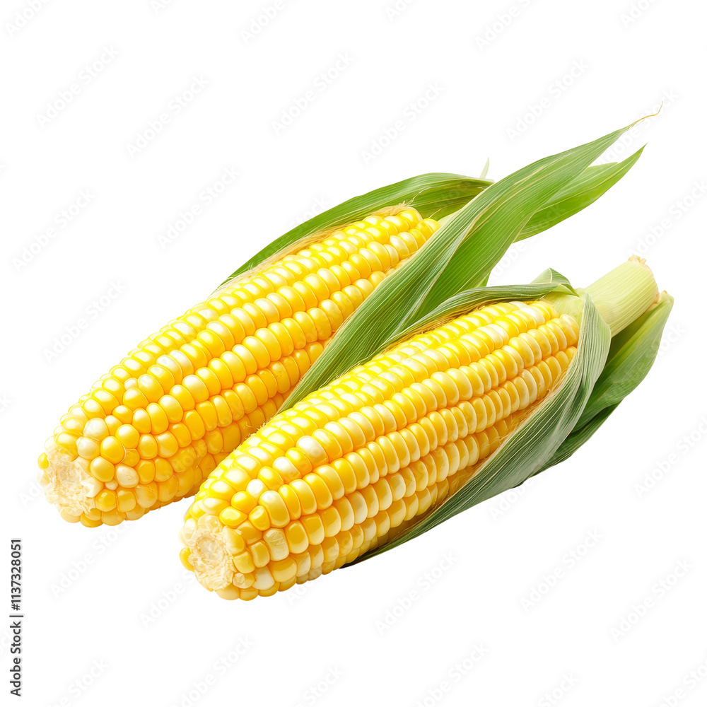 Fresh corn cobs with green husks on a plain transparent background ...