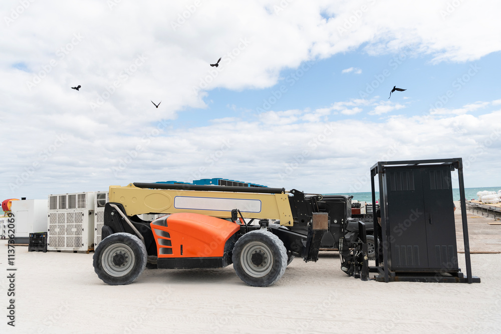 Telehandler boom lift outdoor. Machine equipment. Heavy crane equipment ...