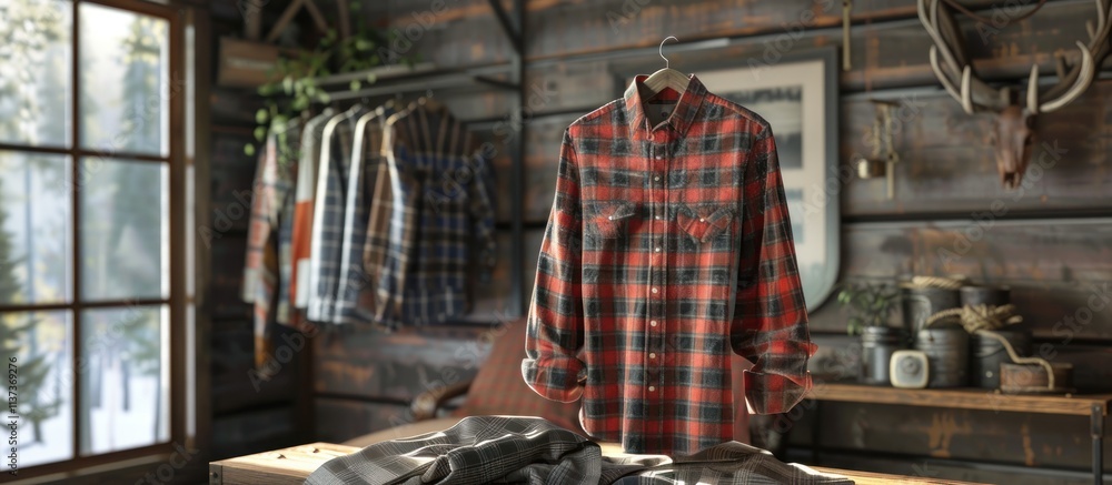 Red and black plaid flannel shirt hanging on a wooden rack in a rustic ...