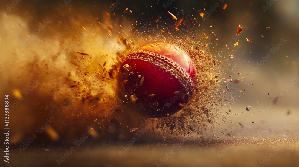 High-speed sports photography, crimson cricket ball impact, wooden bat ...