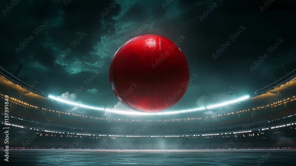 Giant red cricket ball floating in stadium, dramatic stadium lights ...