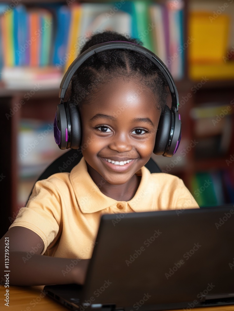 Cute smiling african school kid girl wearing headphones virtual ...