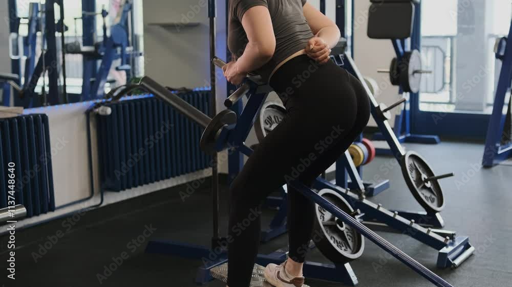 Woman performs T-bar row exercise to strengthen back muscles. Lady uses ...