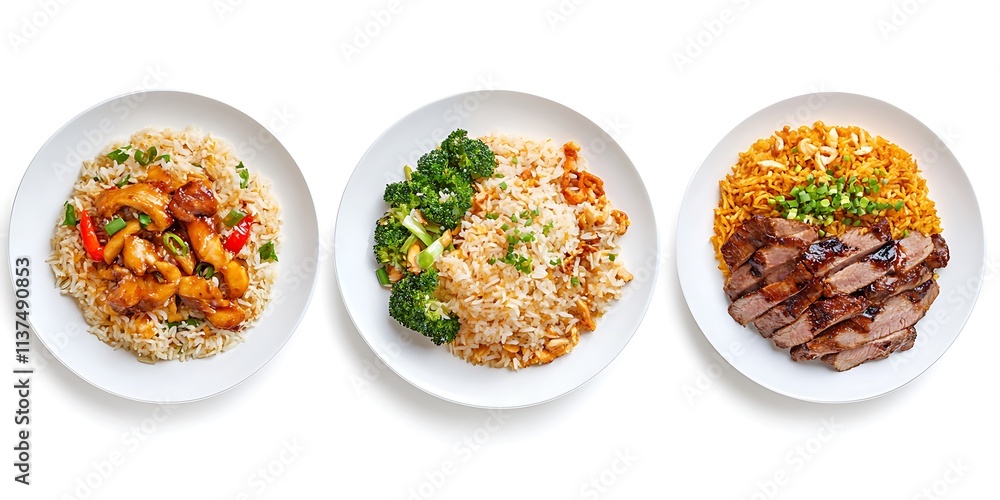 Three plates of food, one with Thai-style grilled beef rice and two ...