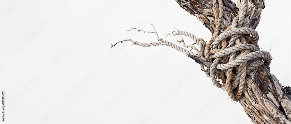 Frayed rope caught in a tree branch with exposed knots, strained ...