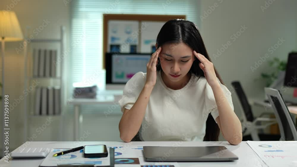 Asian businesswomen, tired, stressed office workers, headaches over ...