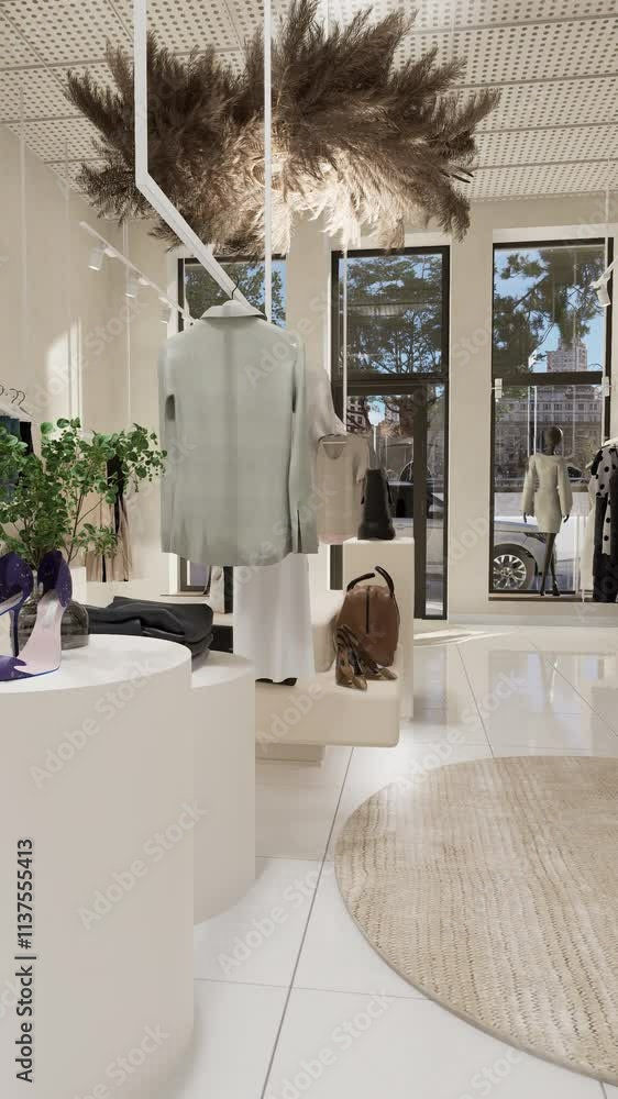 Fashion boutique design featuring light tones, mirrors, stylish racks ...