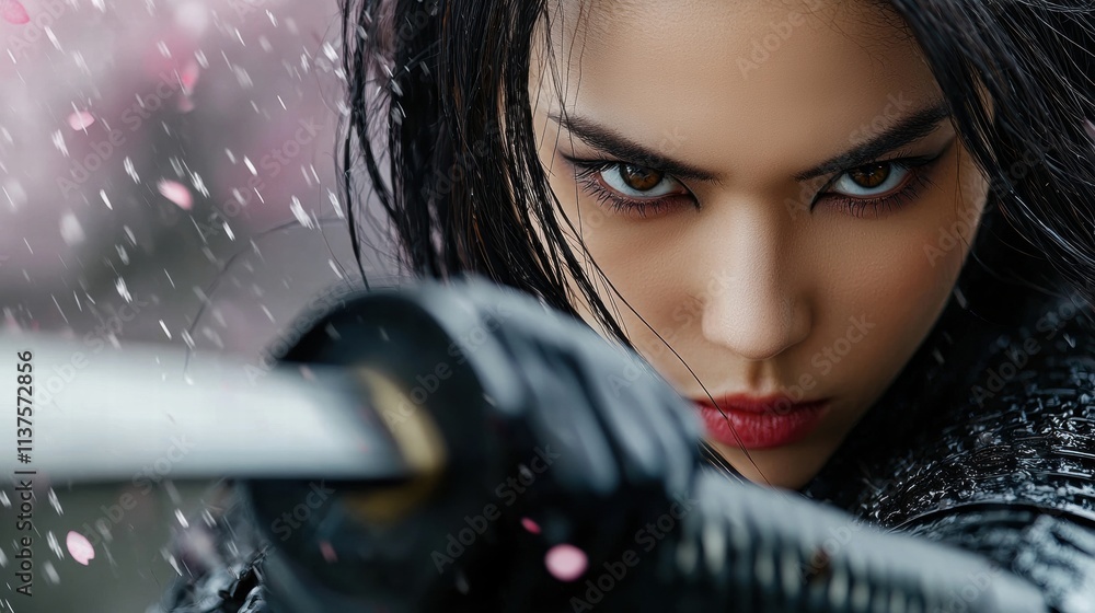 Fearless samurai training with a bamboo sword under falling cherry ...