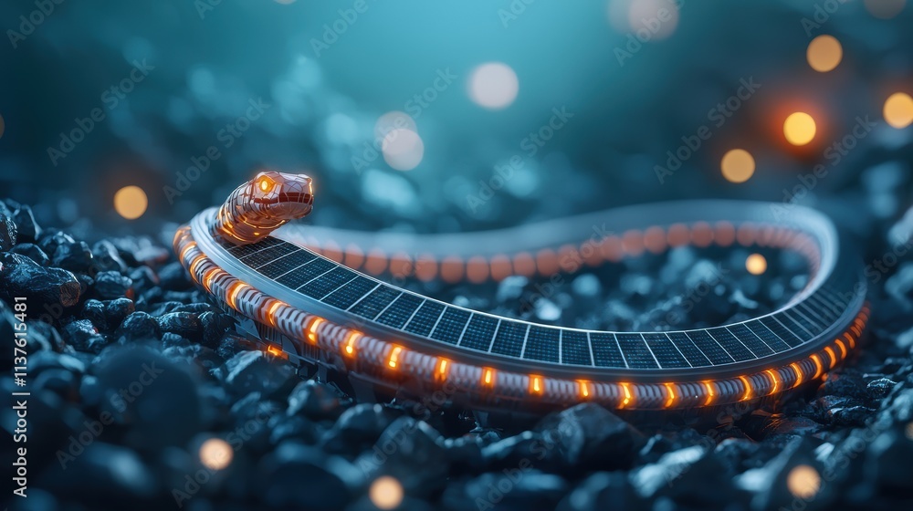 A robotic snake with a flexible body and solar panels, navigating ...