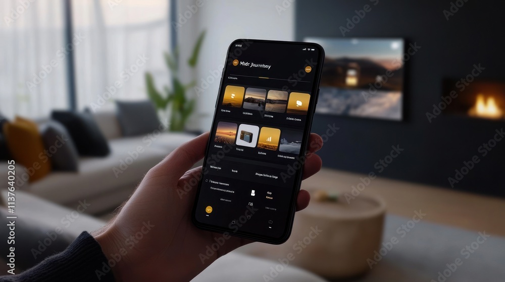 Smart home app interface on a phone, showcasing media control, lighting ...
