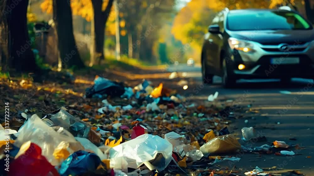 Environmental pollution due to roadside litter, with discarded items ...