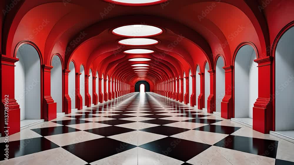 Elegant Red Arched Hallway with Checkerboard Marble Floors and Circular ...
