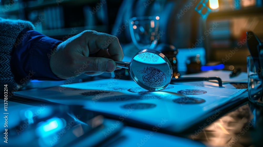 Detective carefully analyzing fingerprints and evidence with magnifying ...