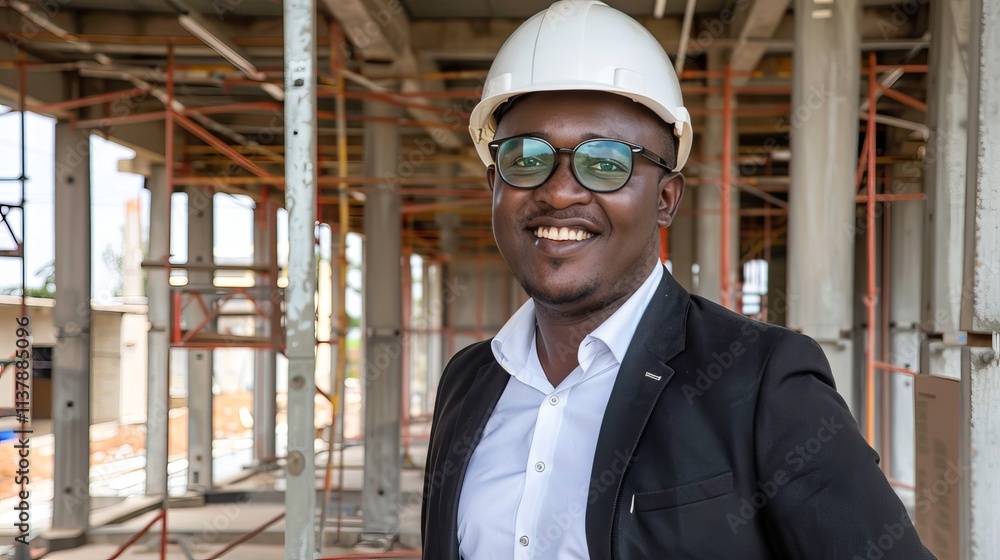 Cheerful engineer in hardhat supervising operations at a modular ...