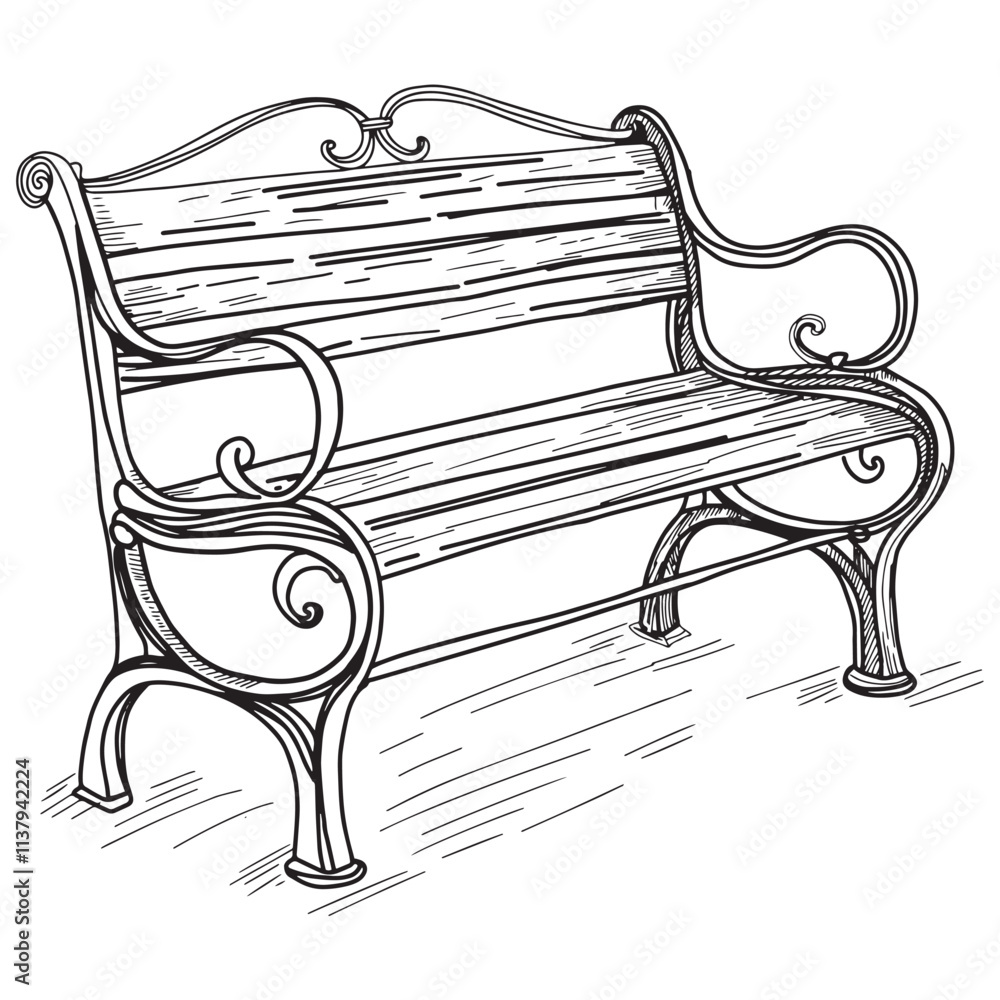 ANTIQUE METAL bench. Black on white sketch of wrought iron garden ...
