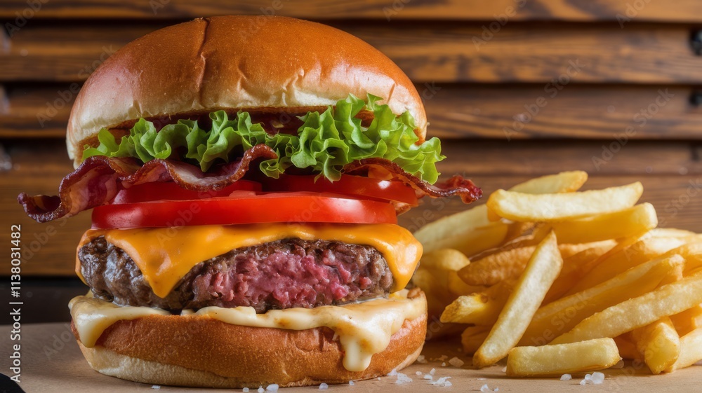 front view of Welsh Rarebit Burger with a juicy burger patty topped ...
