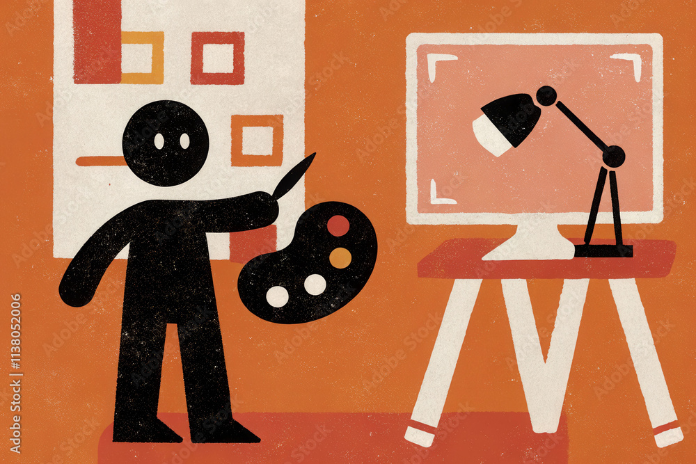 A man is painting a picture in a room with a computer monitor and a ...