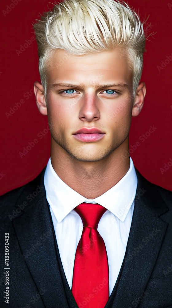 sharp male blonde young male model red tie black suit confident bold ...