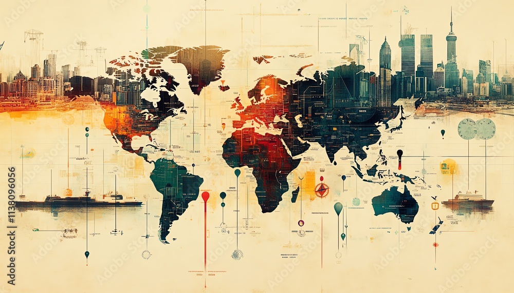 A businessoriented world map with various location pins, indicating ...