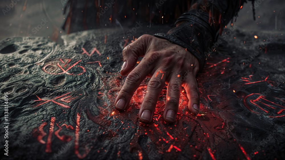 Mystical red symbols etched into the rocky surface, glowing with an ...