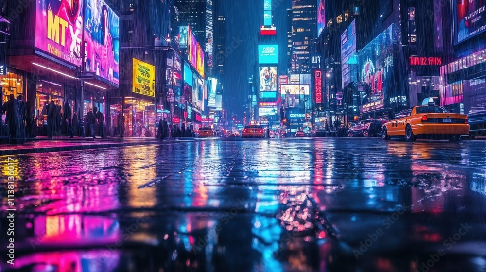 Vibrant city street in neon rain with glowing billboards, taxis, and ...
