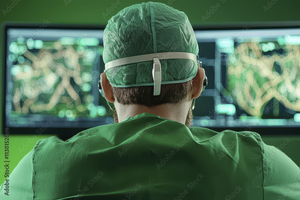 Surgeon in green scrubs analyzing medical data on multiple screens ...