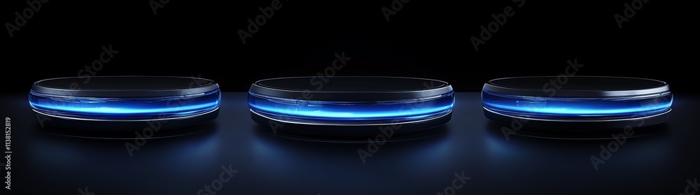 Blue neon-lit futuristic hologram platforms, with sparkling particles ...