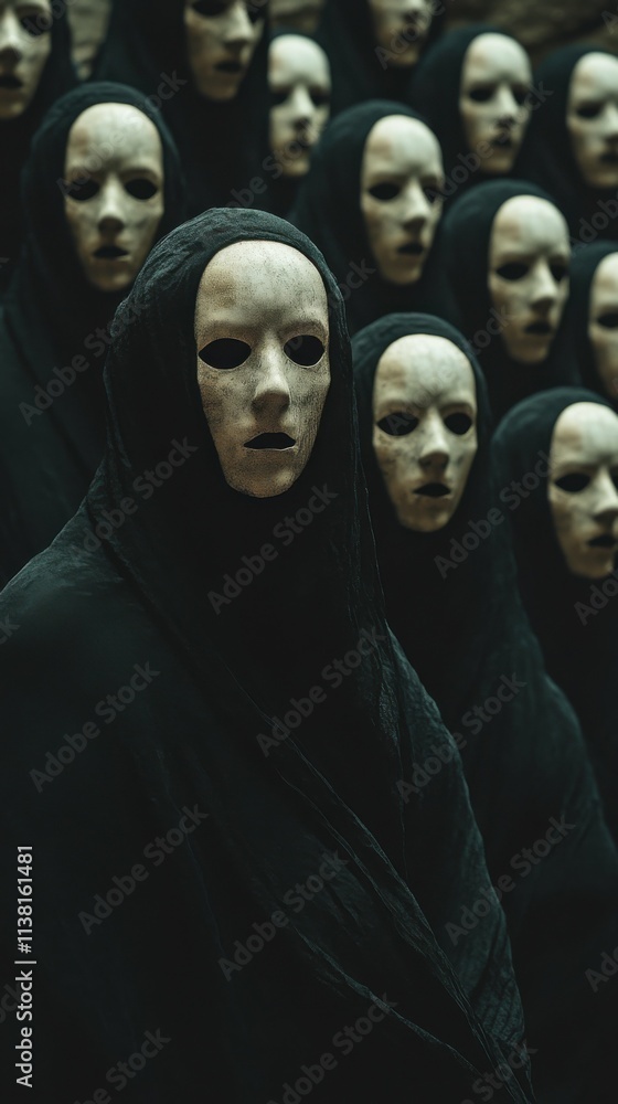 group of figures wearing identical masks, eerie and mysterious ...