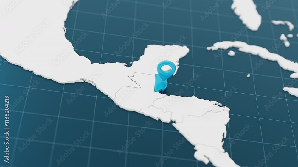 Blue Belize 3d map with pointer pin surrounded with other countries in ...
