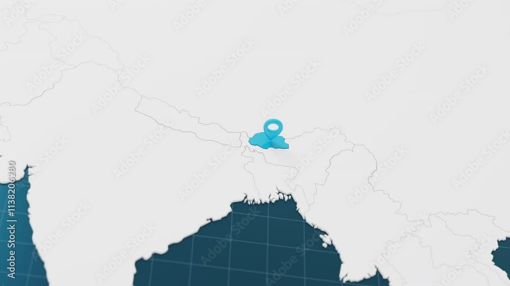 Blue Bhutan 3d map with pointer pin surrounded with other countries in ...