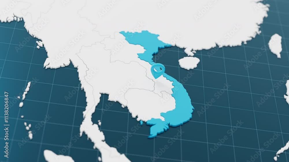 Blue Vietnam 3d map with pointer pin surrounded with other countries in ...