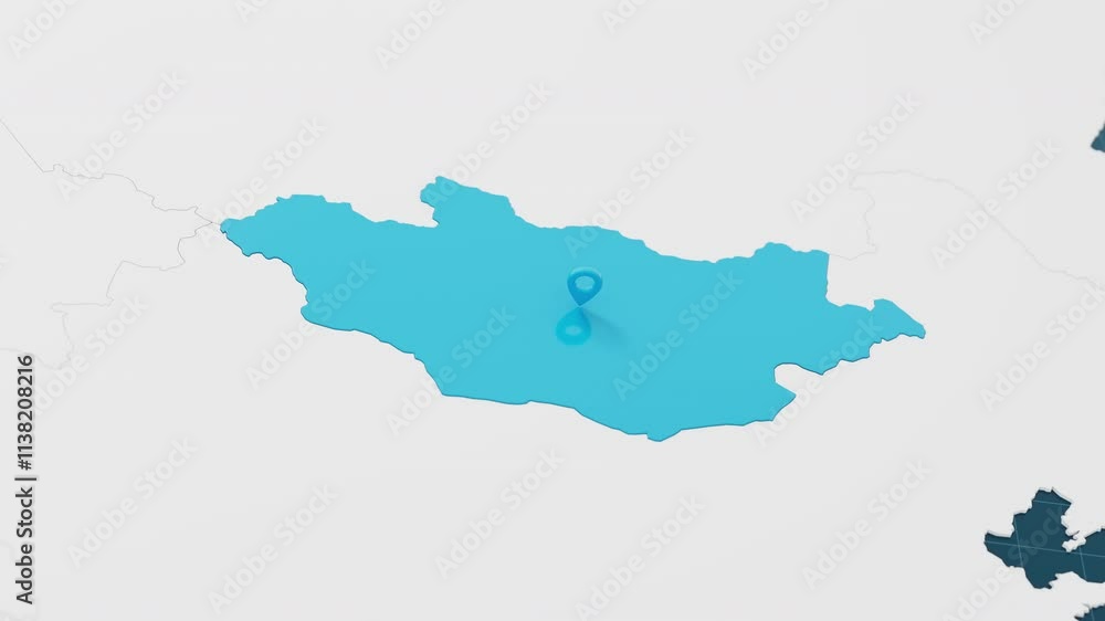Blue Mongolia 3d map with pointer pin surrounded with other countries ...