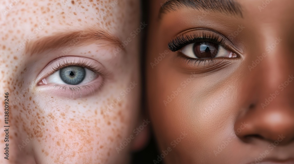 Half faces of two women from different ethnic backgrounds coming ...