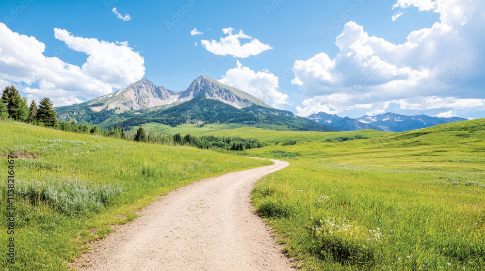 Mountain landscape with winding path and clear sky during the daytime ...