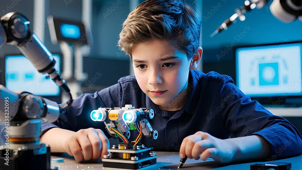 Curious Boy Building a Small Robot in a High-Tech Laboratory with ...